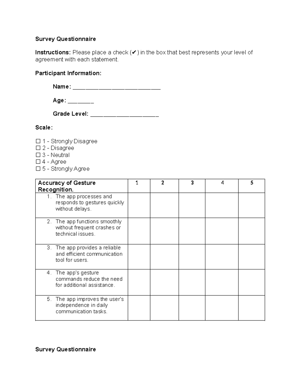 Survey Questionnaire 2: Evaluating Gesture Recognition App - Studocu