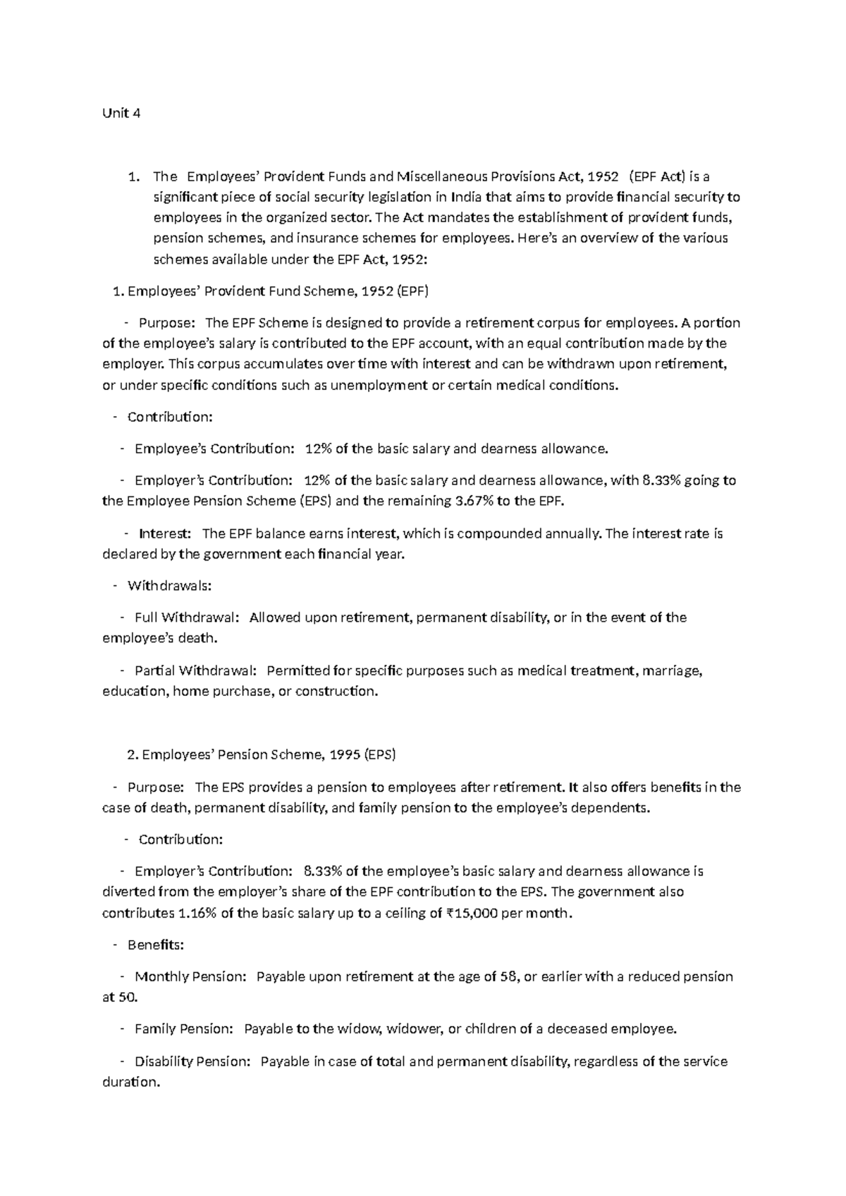 Unit 4 L - Labour Law 1: Overview of EPF, EPS, and Maternity Benefits ...