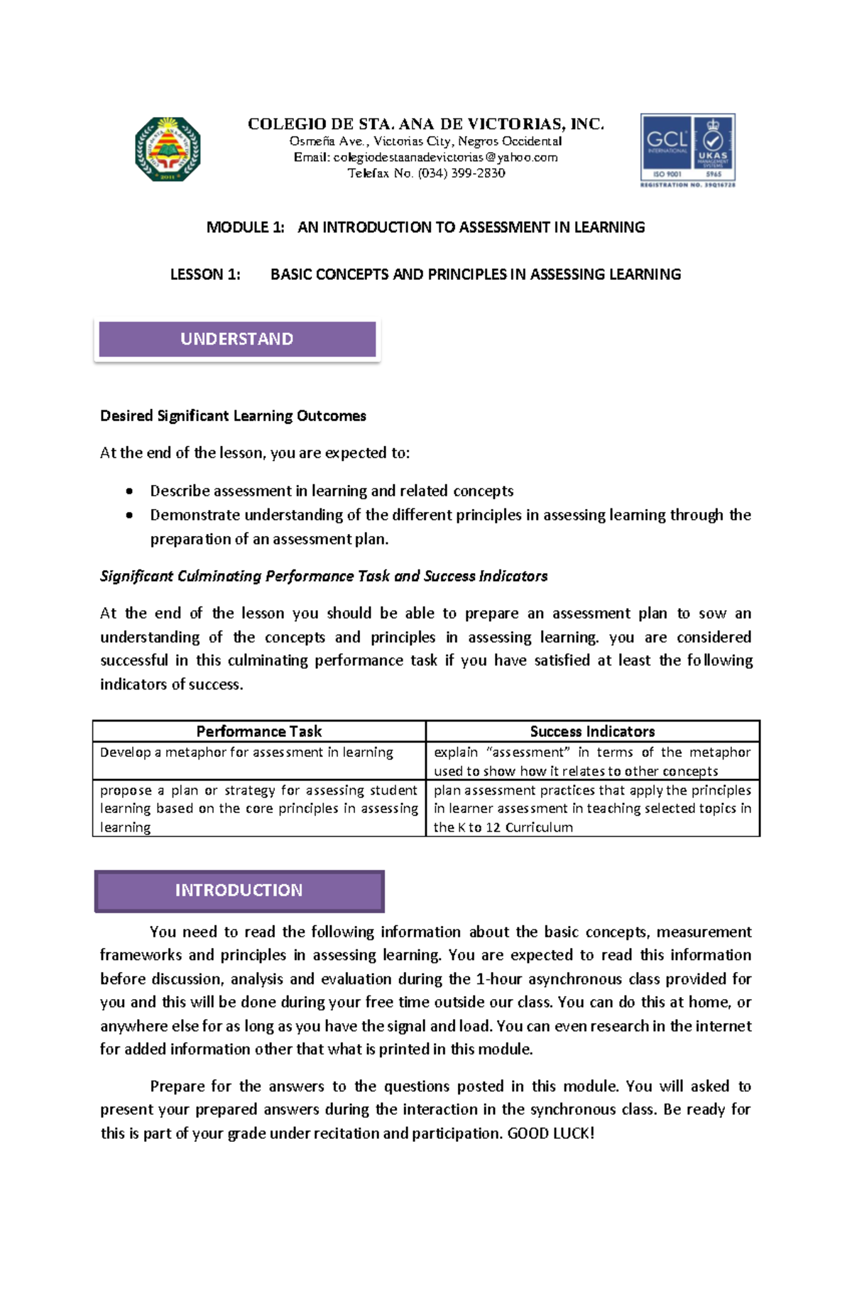 Module 1 Lesson 1: Key Concepts & Principles of Learning Assessment - Studocu