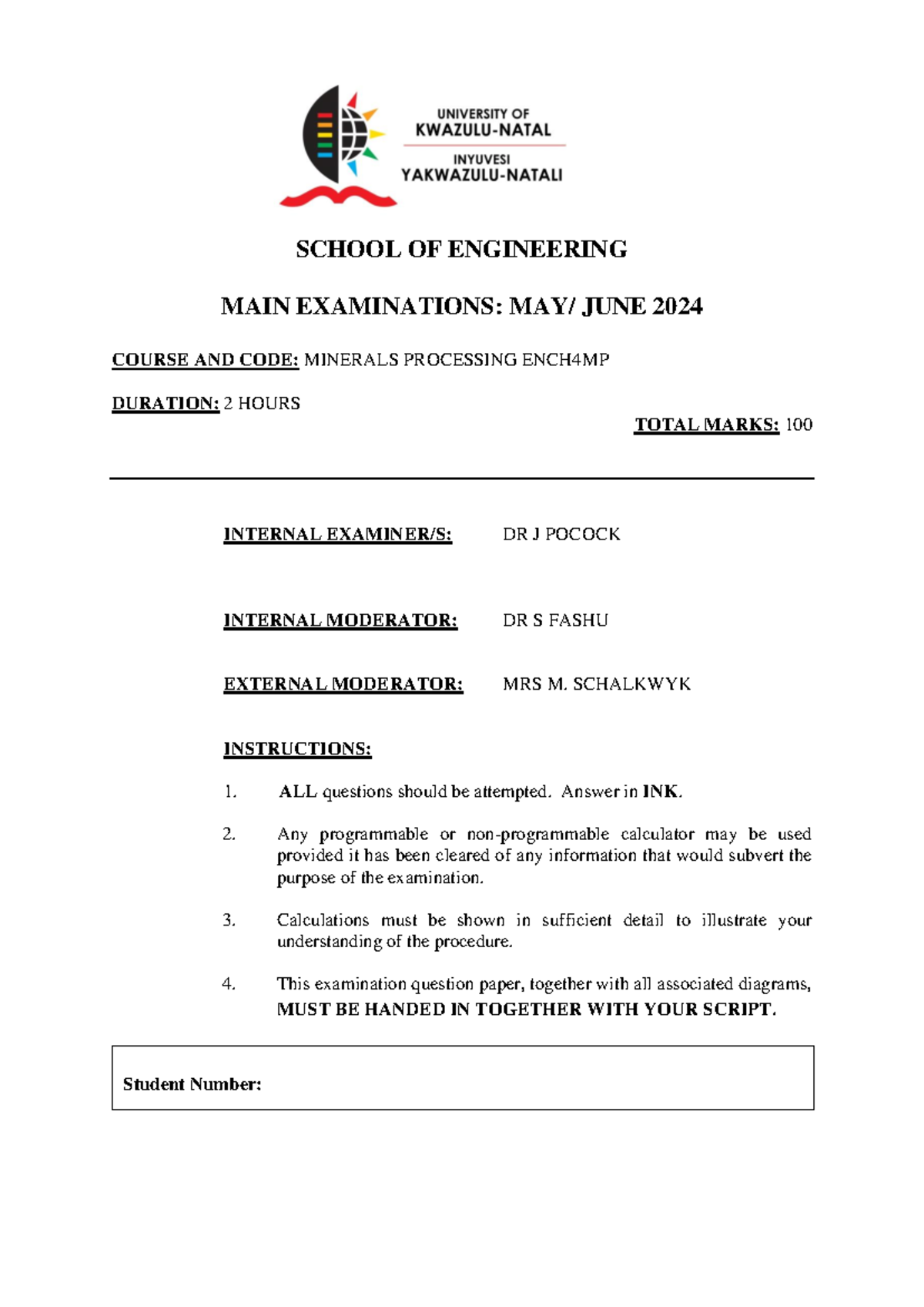 Main Exam ENCH4MP 2024: Minerals Processing Questions and Guidelines ...