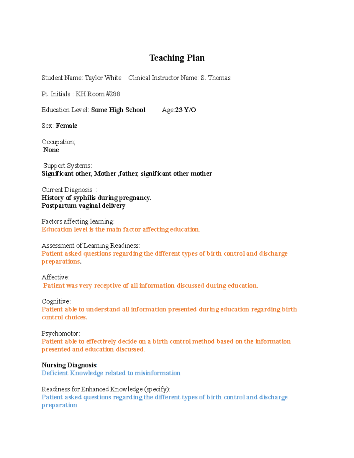 Birth Control Teaching plan - Teaching Plan Student Name: Taylor White ...
