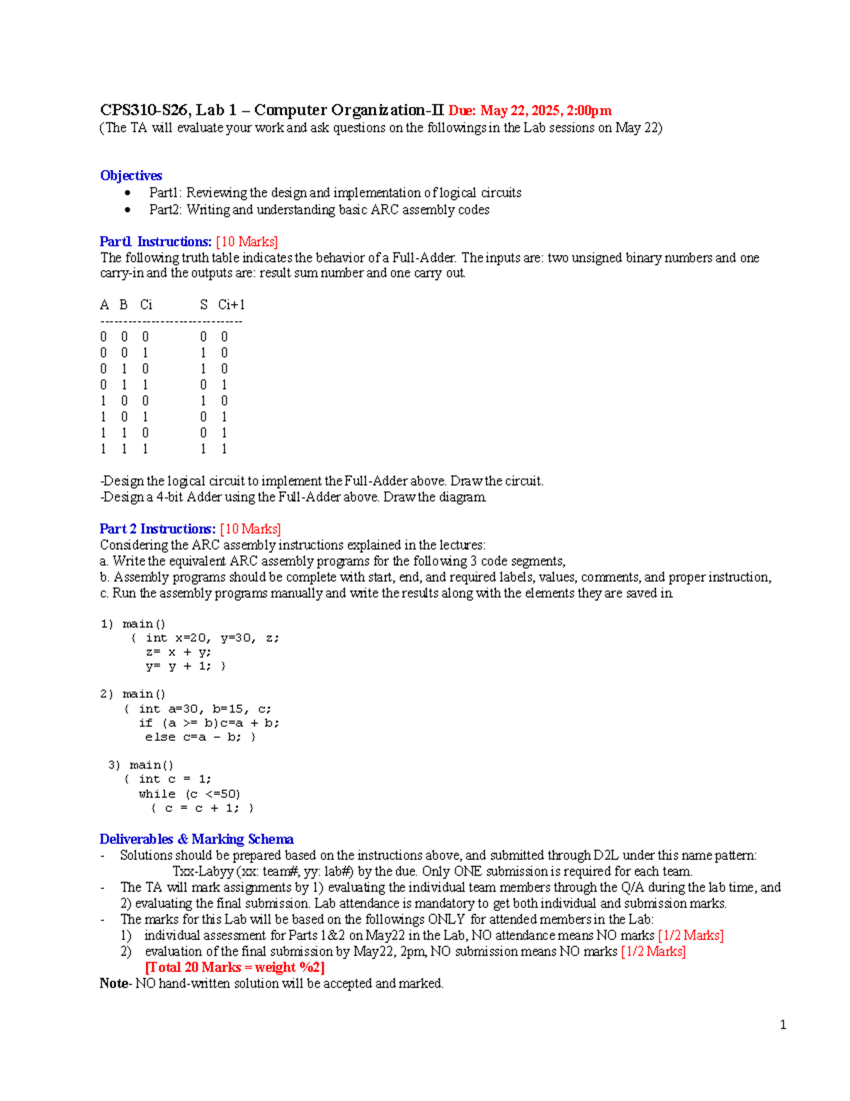 Lab 1: Logical Circuits & ARC Assembly - CPS 310 - Studocu
