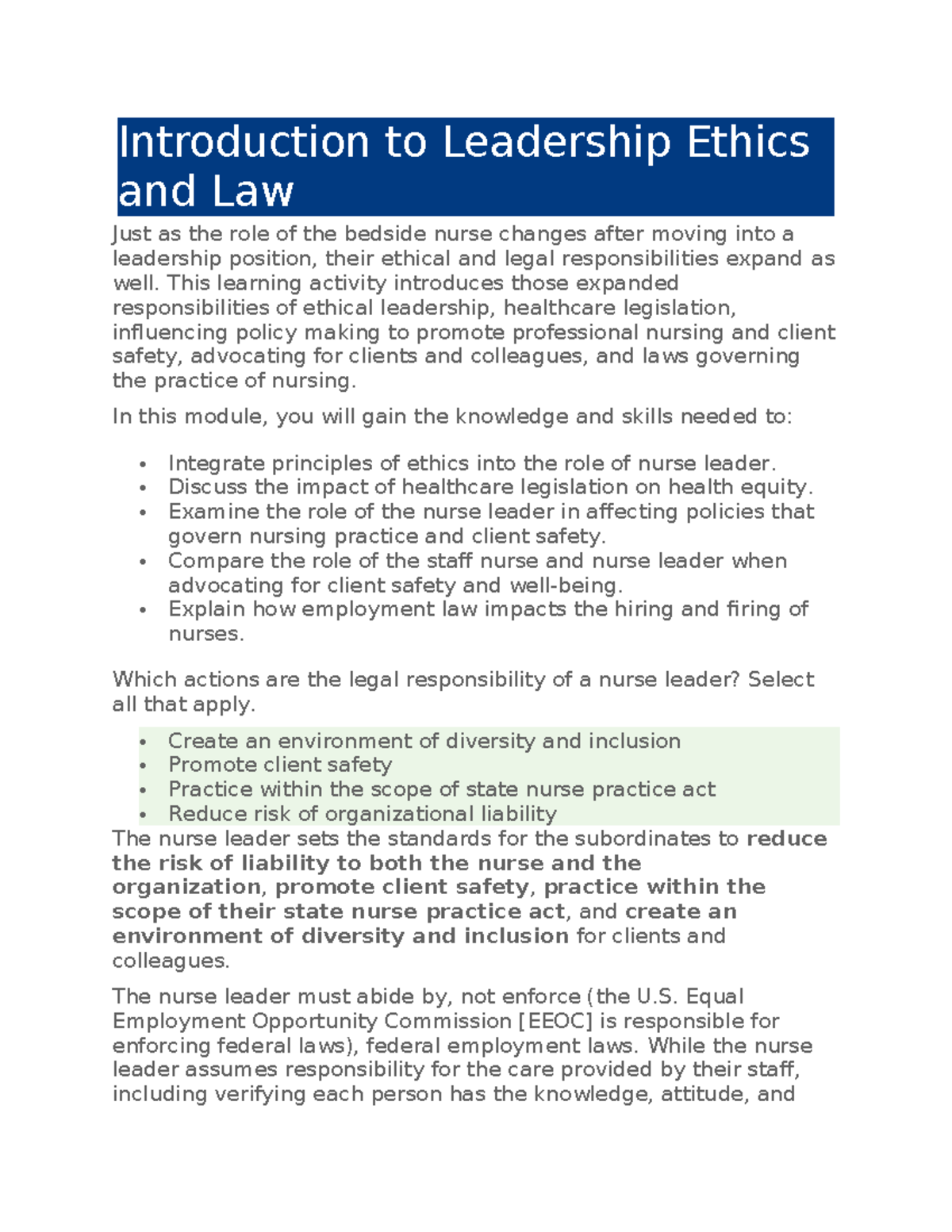 NR 446 Week 3: Leadership Ethics and Legal Responsibilities in Nursing ...