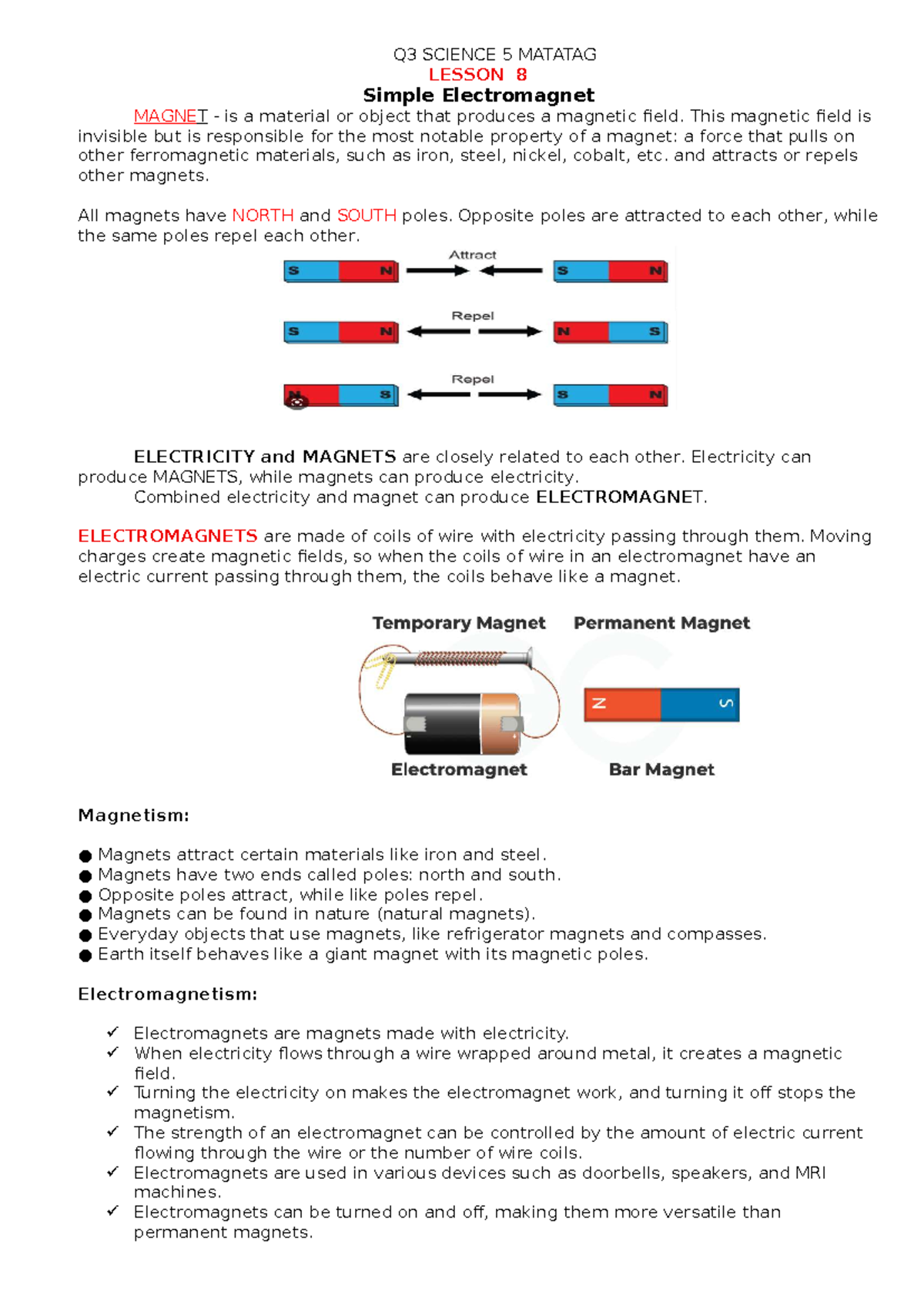 Q3 SCIENCE 5 MATATAG LESSON 8: Understanding Electromagnets - Studocu