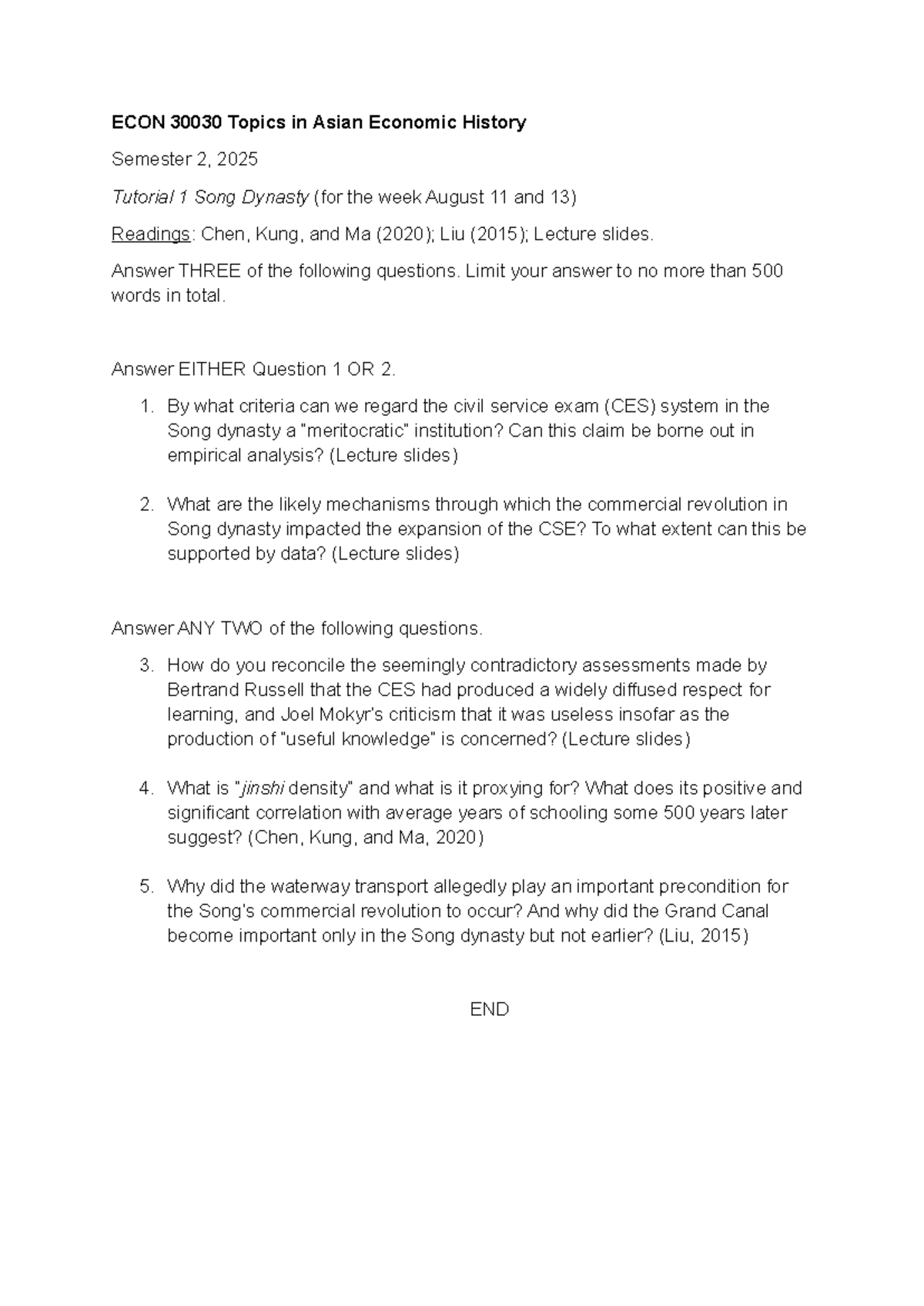 ECON 30030 Tutorial 1: Song Dynasty Economic History Analysis - Studocu