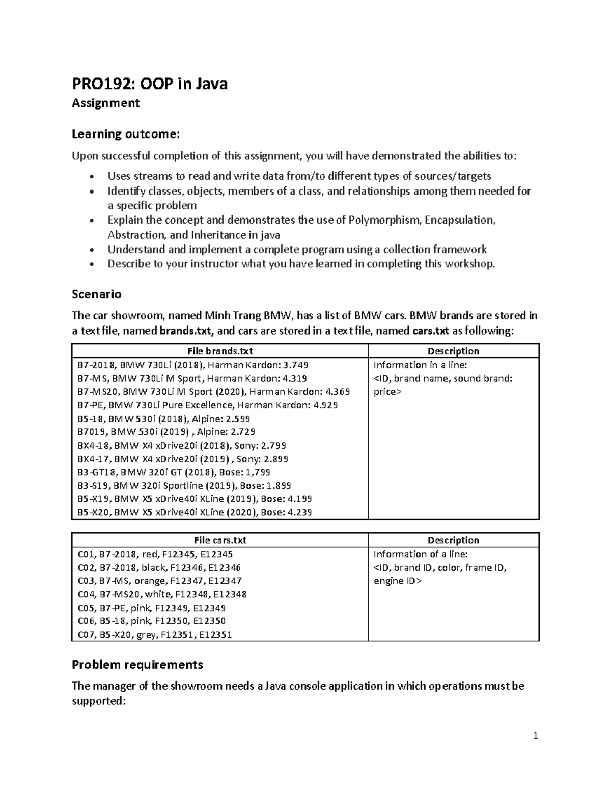 PRO192: OOP in Java - Car Showroom Console App Assignment - Studocu