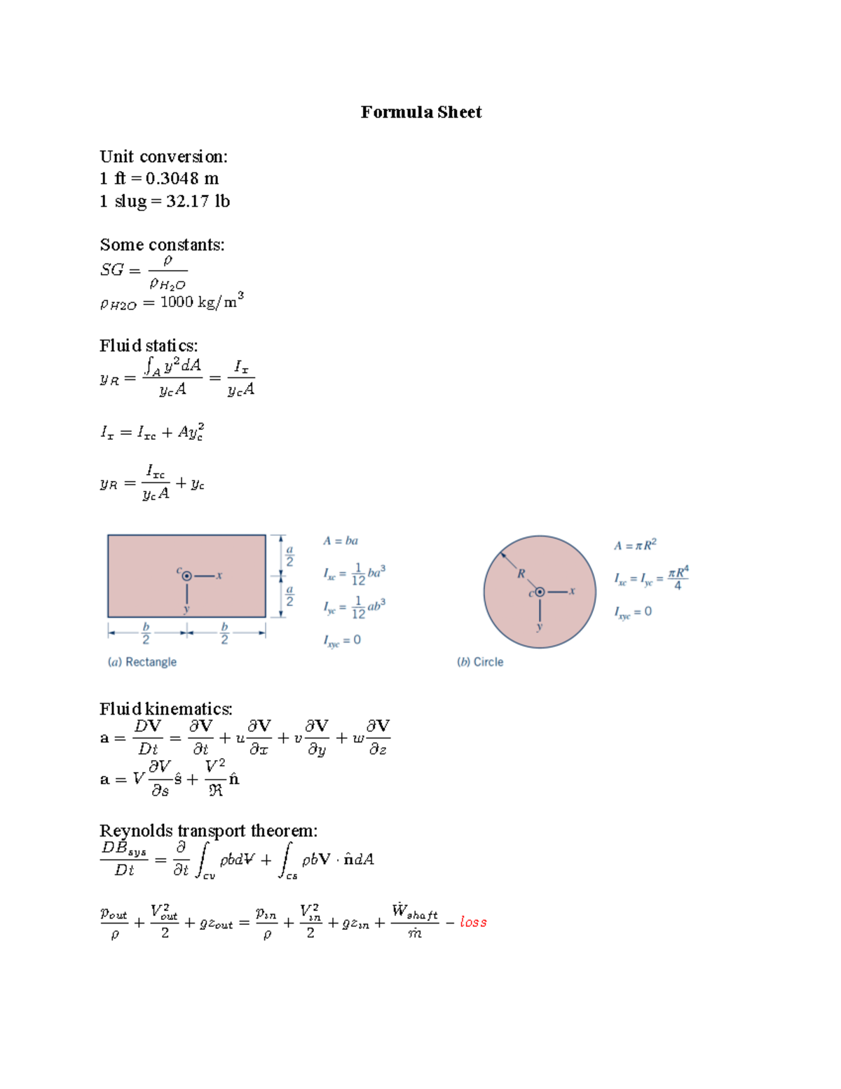 Formula sheet 1-1 - Summary Fluid Mechanics - Formula Sheet Unit ...