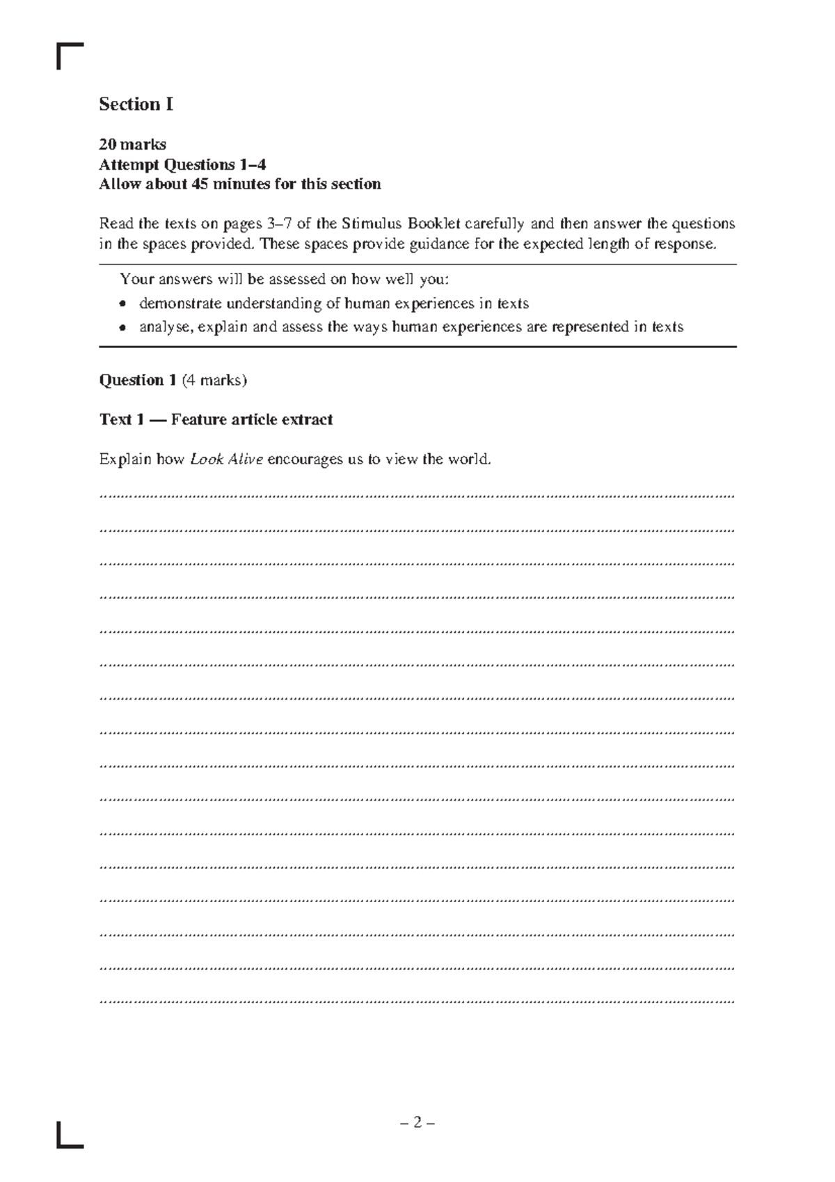 2020 HSC English Std Paper 1: Section I Questions & Assessment Guide ...