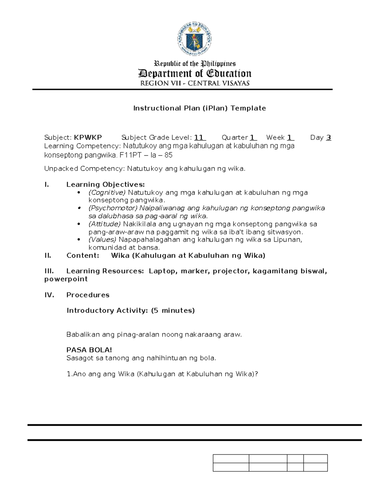 KPWKP 11: Instructional Plan for Filipino - Week 1 (Q1) - Studocu