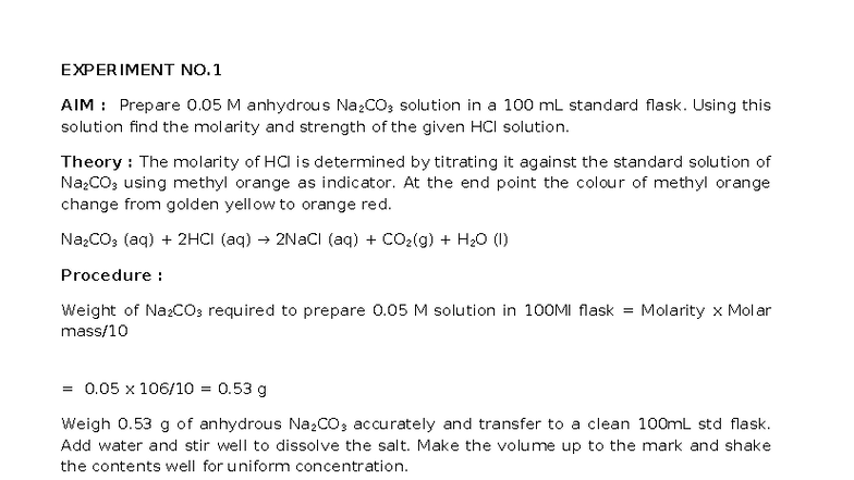 Titration Experiment No. 1: Molarity & Strength of HCl Solution - Studocu