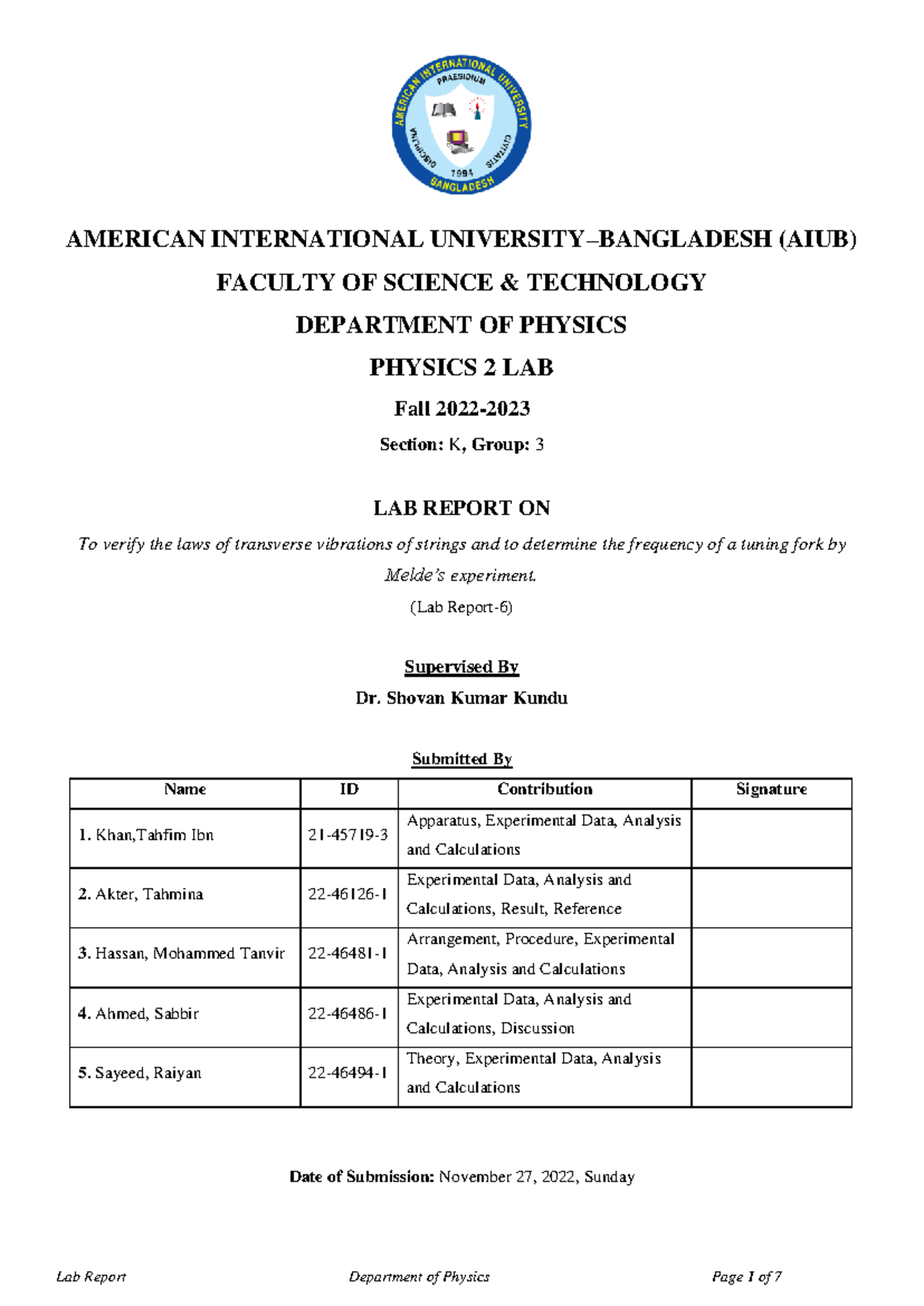 Lab Report PHYSICS 2 LAB: Transverse Vibrations & Tuning Fork Frequency - Studocu