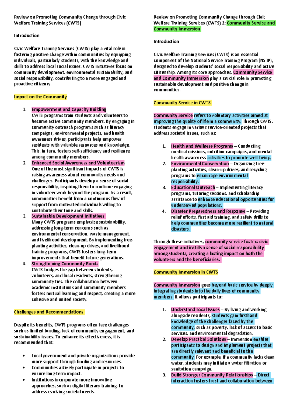 CWTS 2: Community Change through Civic Welfare Training Services Review ...