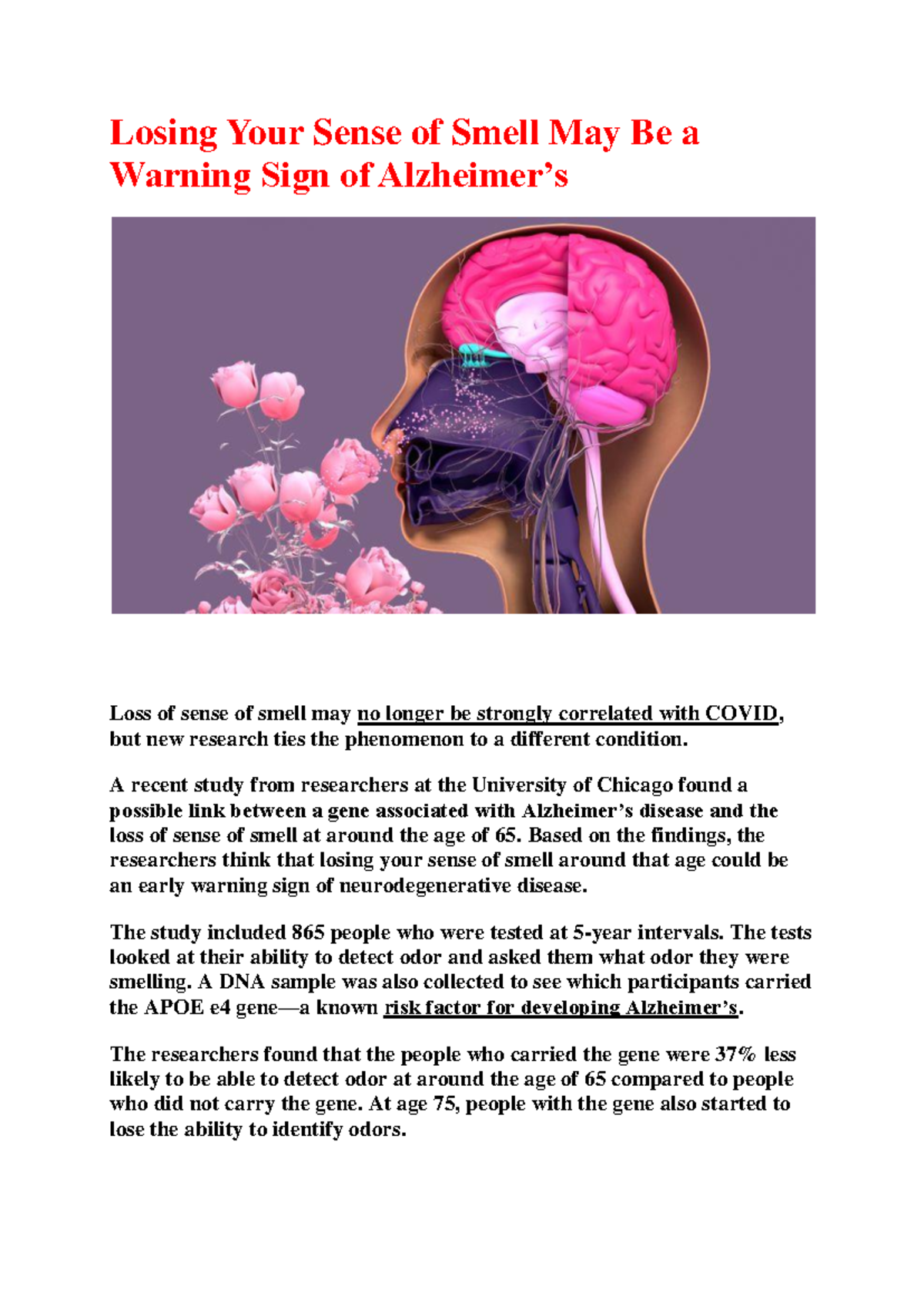 Losing Your Sense of Smell May Be a Warning Sign of Alzheimer - Losing ...