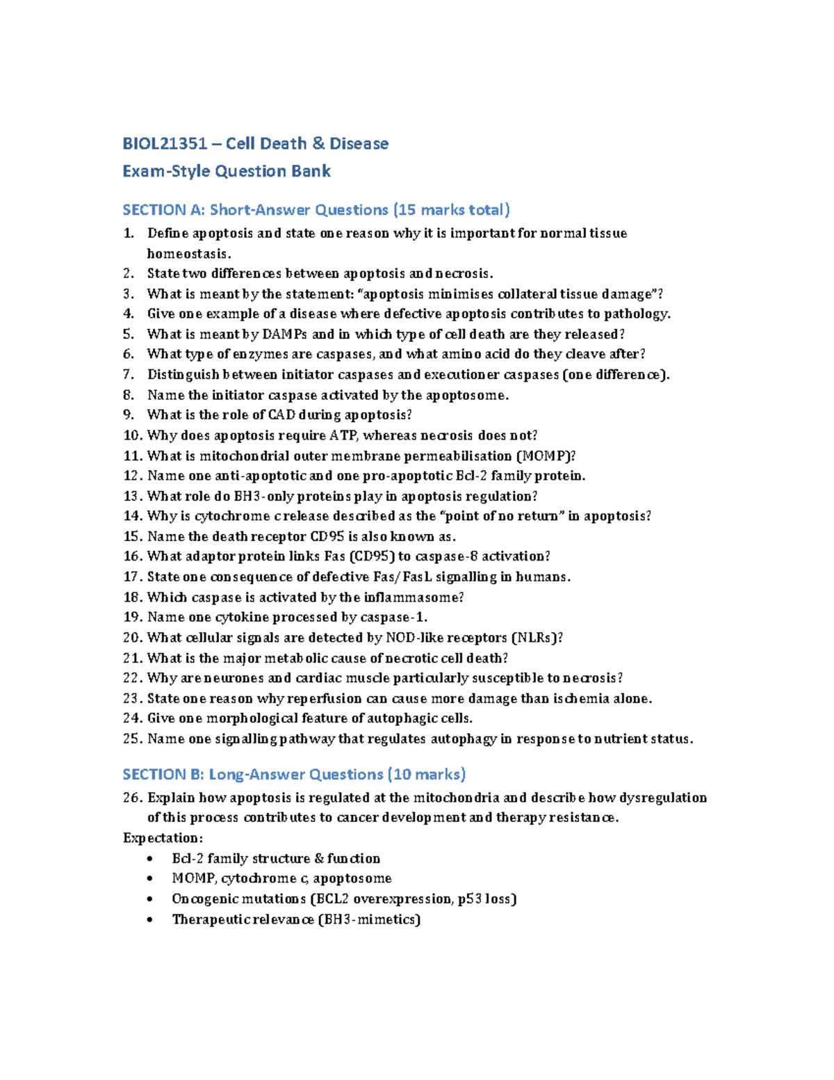 BIOL21351 Cell Death Disease Question Bank: Apoptosis & Necrosis - Studocu