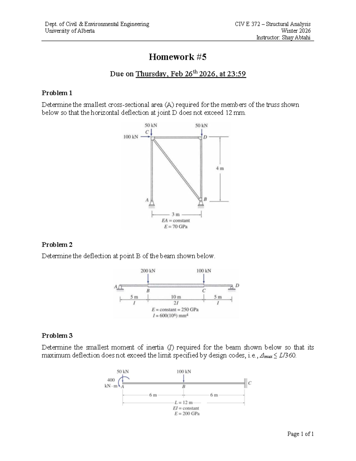 CIV E 372 Homework 05: Structural Analysis Problems Winter 2026 - Studocu