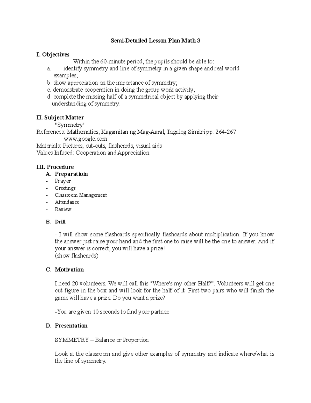 Math 3 Semi-Detailed Lesson Plan on Symmetry and Its Importance - Studocu