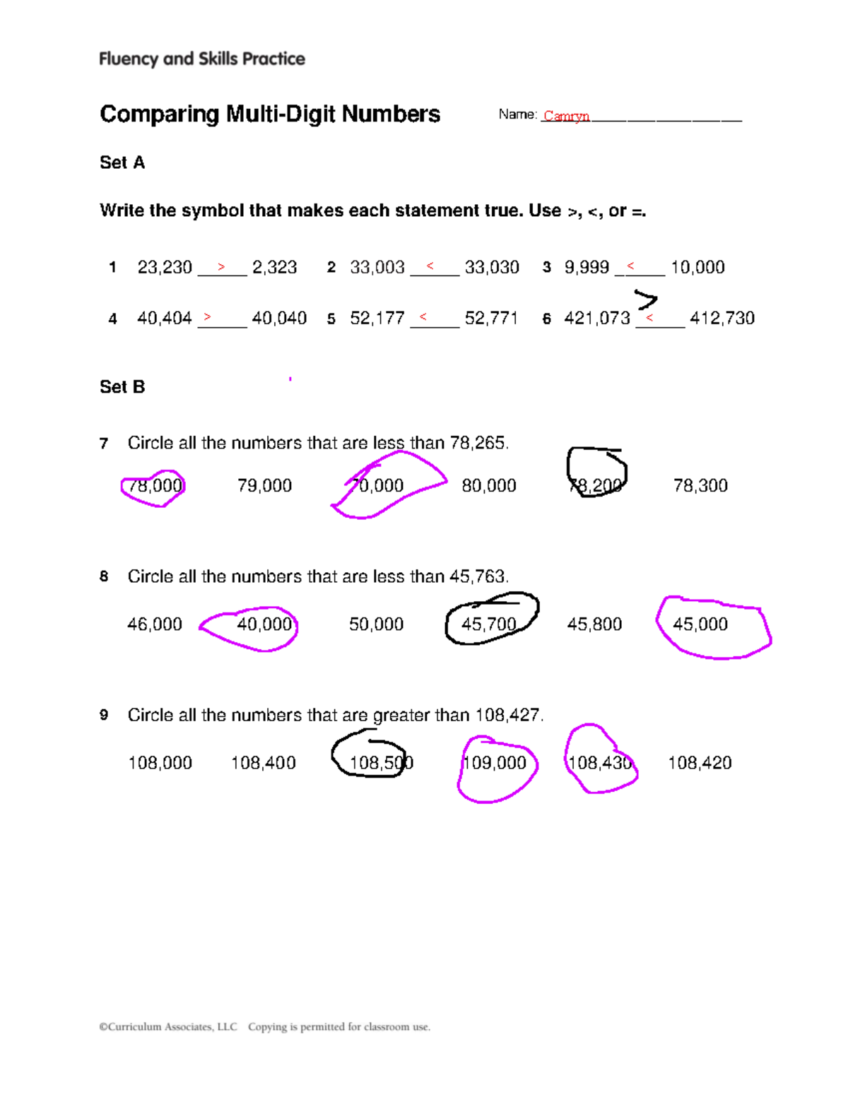 Camryn Mc Cain - Lesson 2 Fluency - Comparing Multi-Digit Numbers Name