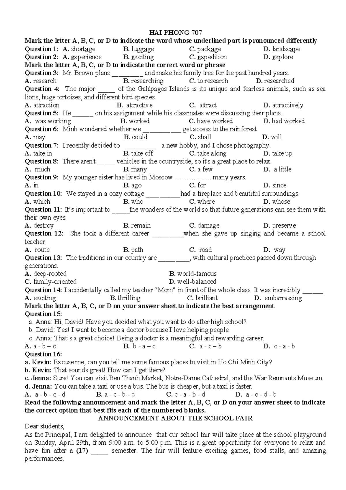 HAI PHONG 707 & 827: Pronunciation and Grammar Practice Questions - Studocu