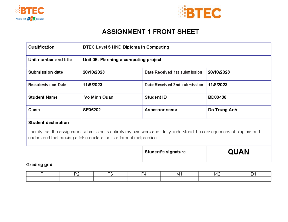 Asm1 planning - caidb chep dc thi chep - ASSIGNMENT 1 FRONT SHEET Qualification BTEC Level 5 HND ...