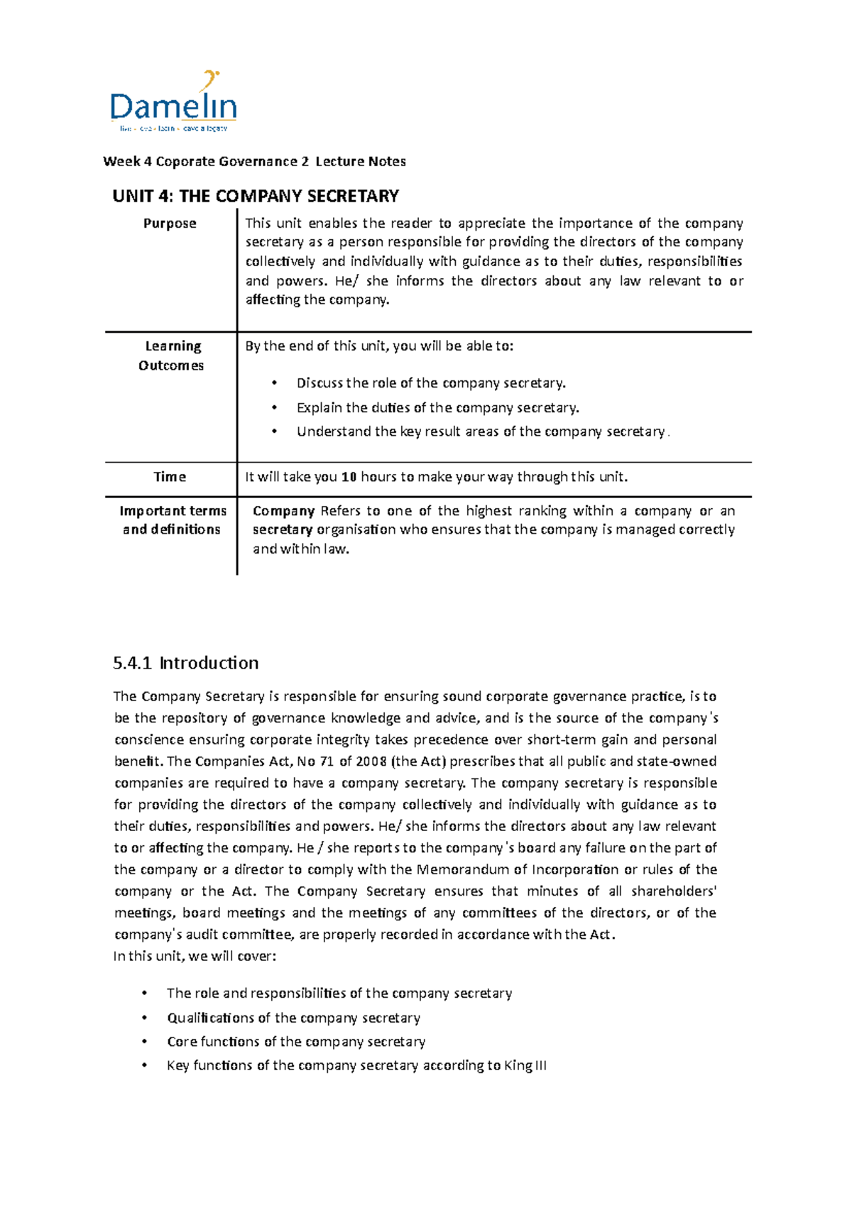 Corporate Governance 2: Week 4 Lecture on The Company Secretary - Studocu