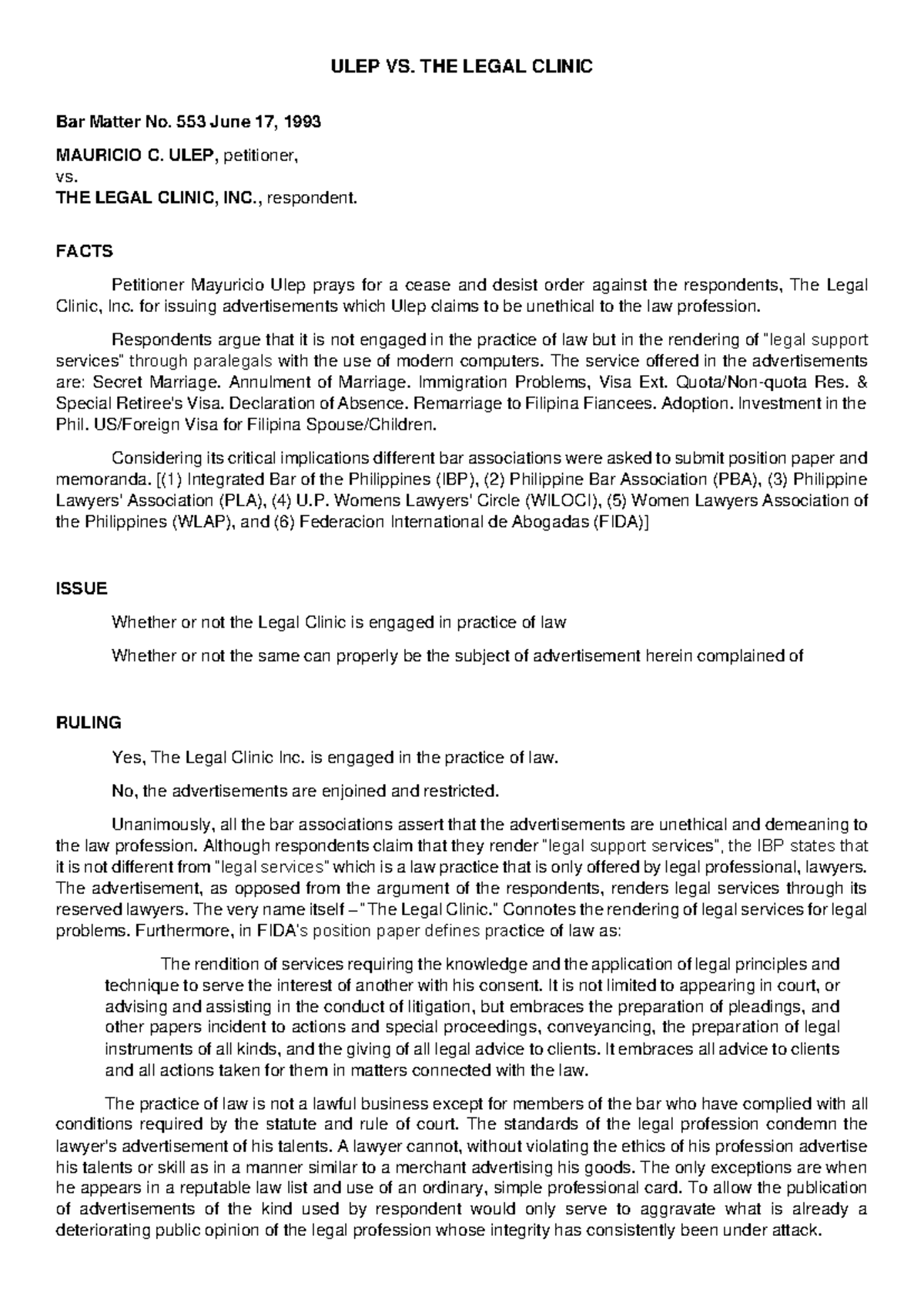 Ulep v The Legal Inc - case digest - ULEP VS. THE LEGAL CLINIC Bar ...
