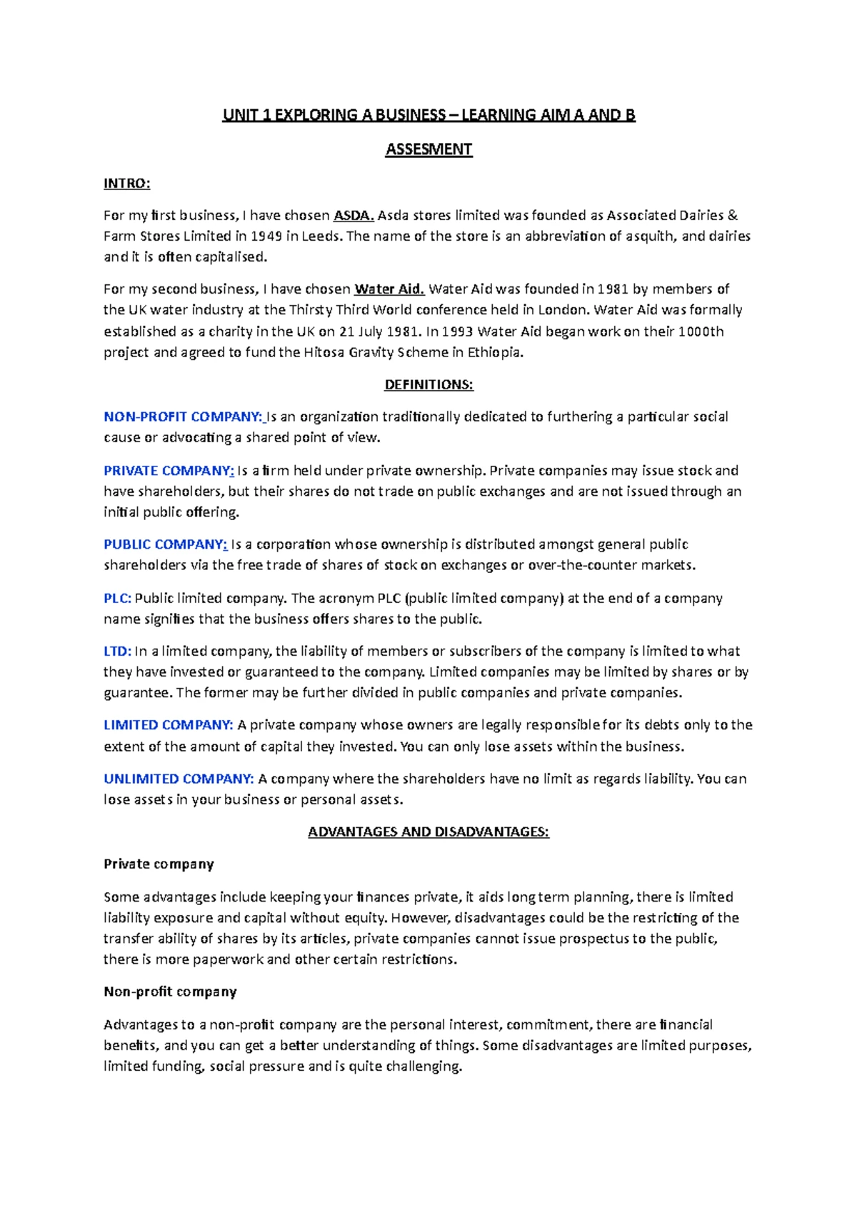 Level 3 Business Unit 1 Assignment 1 Unit One Exploring Business