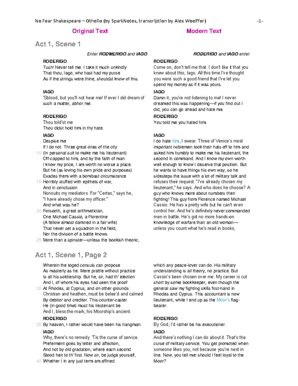 No Fear Shakespeare Othello: Act 1 Scene 1-3 Modern Text Analysis ...