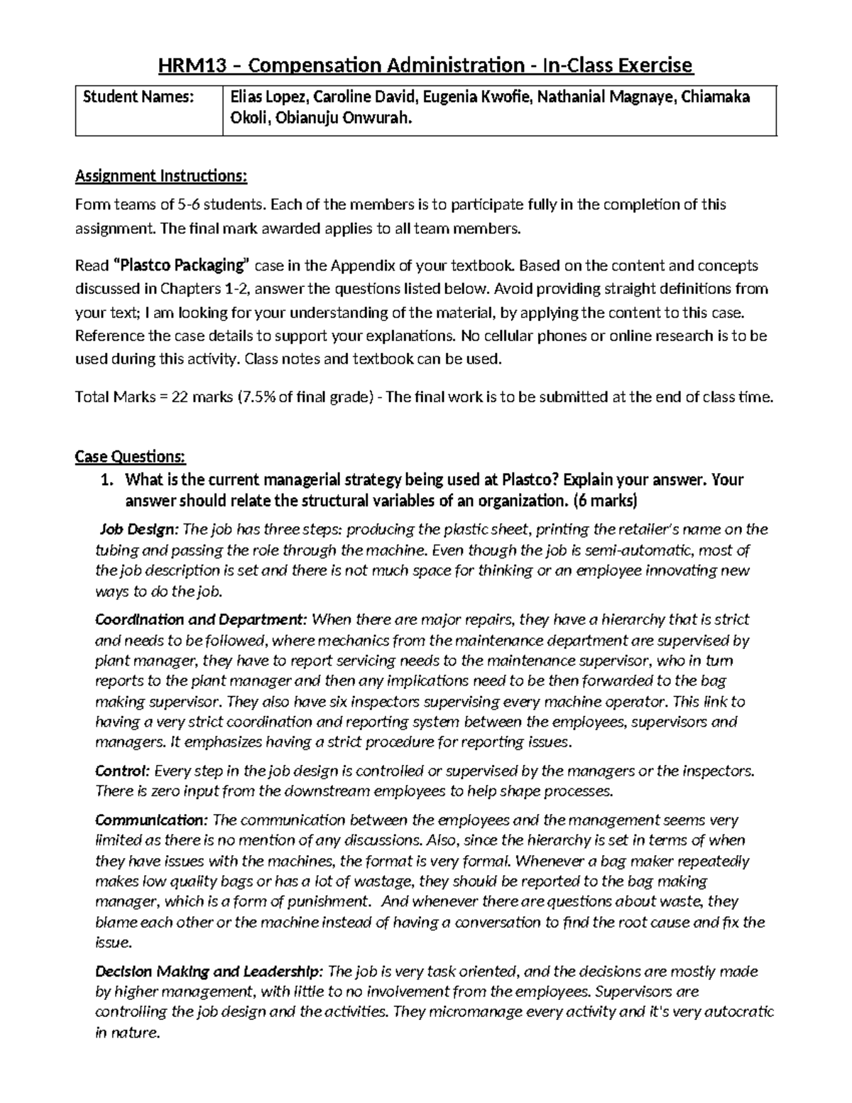 HRM13 - In Class Assignment #1 - Plastco Packaging Case Analysis - Studocu
