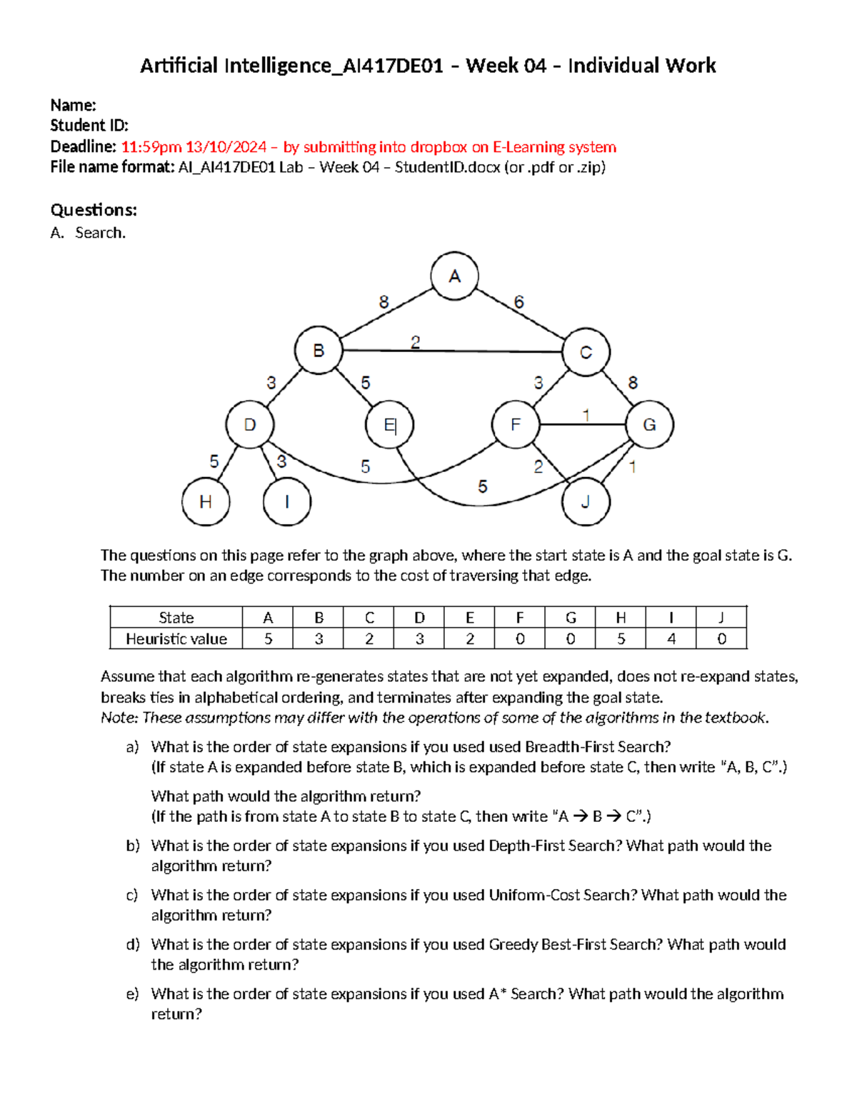 AI417DE01 Lab – Week 04 Individual Work on Search Algorithms - Studocu