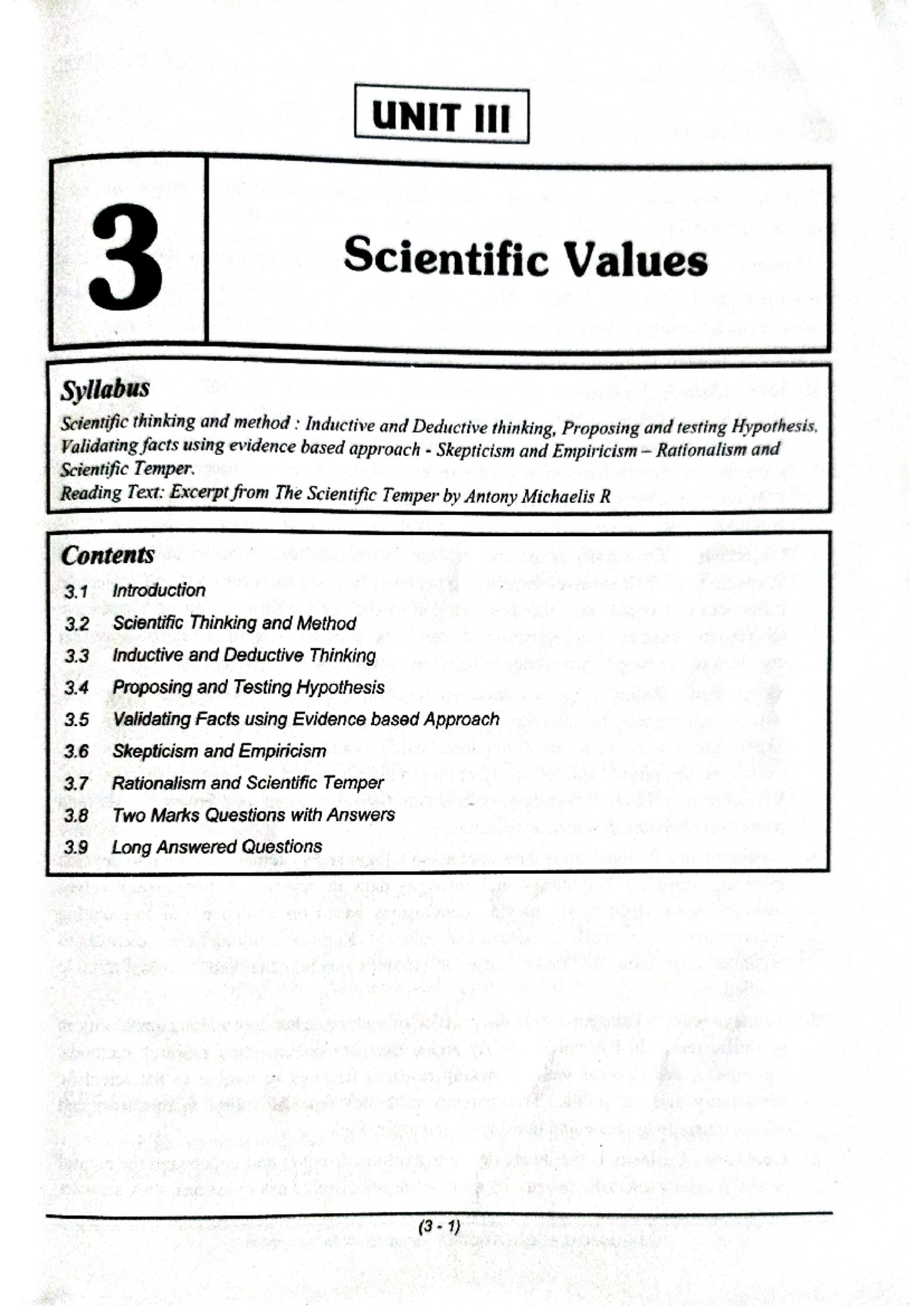 HVE - UNIT 3 Scientific Values Syllabus Scientific thinking and method ...