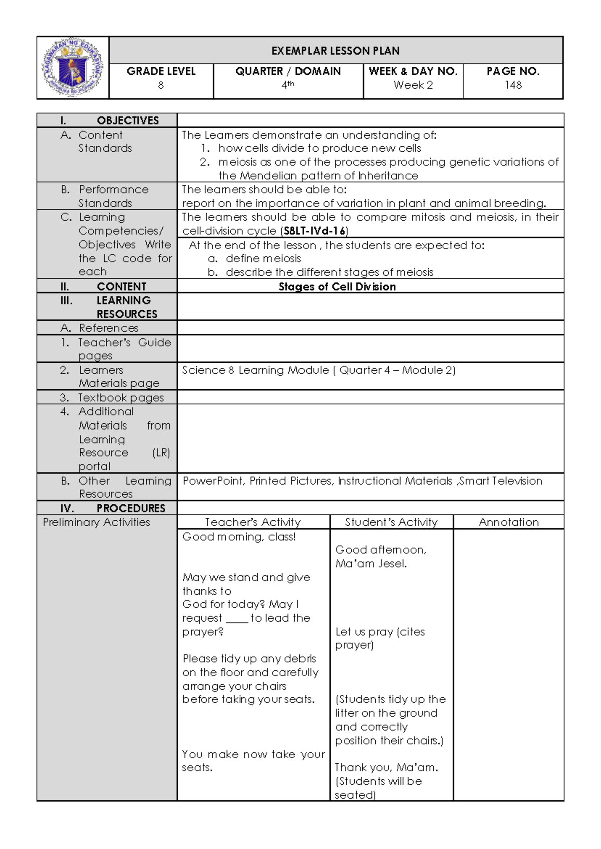 Lesson Plan on Meiosis for Grade 8 - Science 8 Quarter 4, Week 2 - Studocu