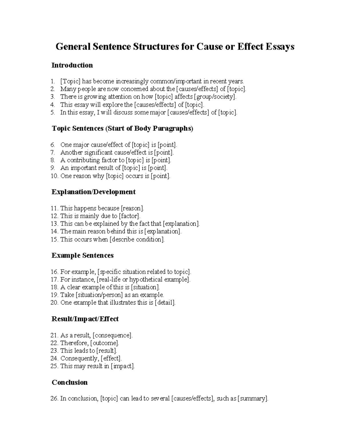 General Sentence Structures for Cause/Effect Essays - Studocu