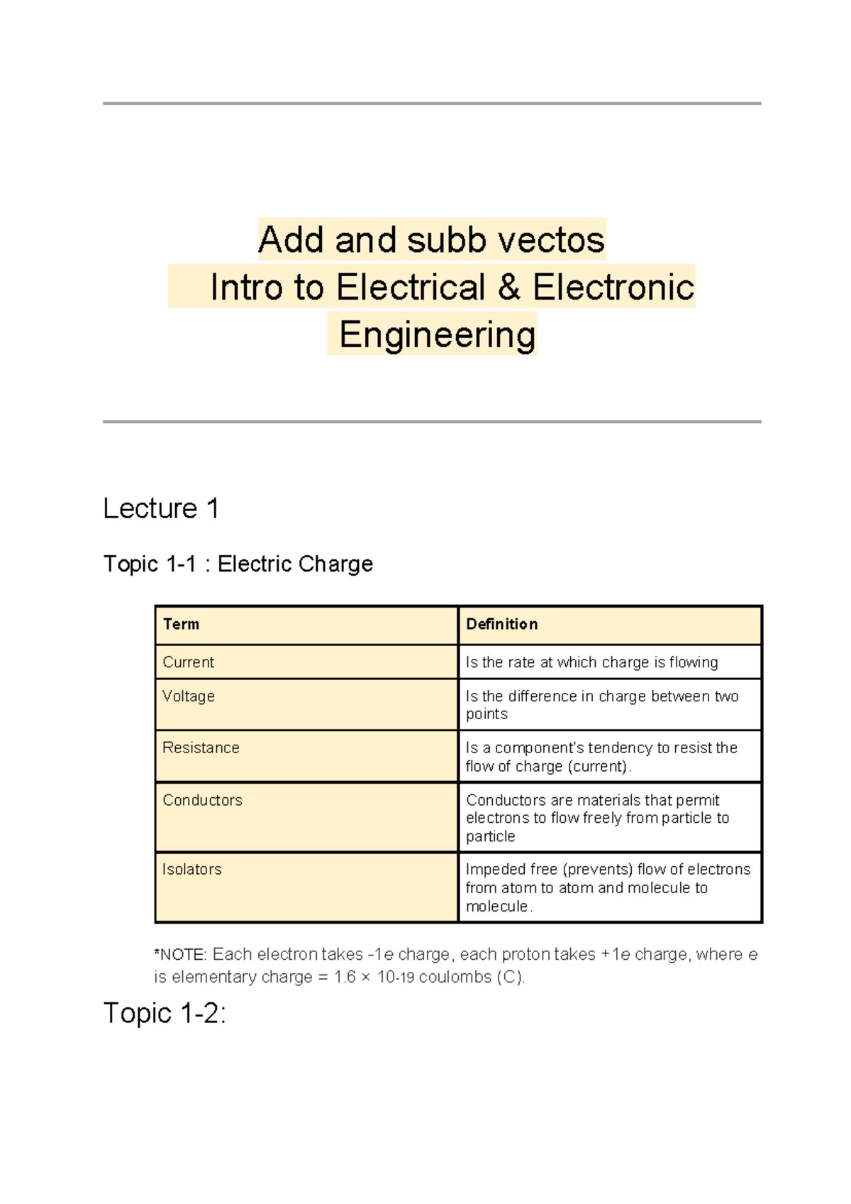 EE 101 Lecture 1: Intro to Electric Charge, Current, and Voltage ...