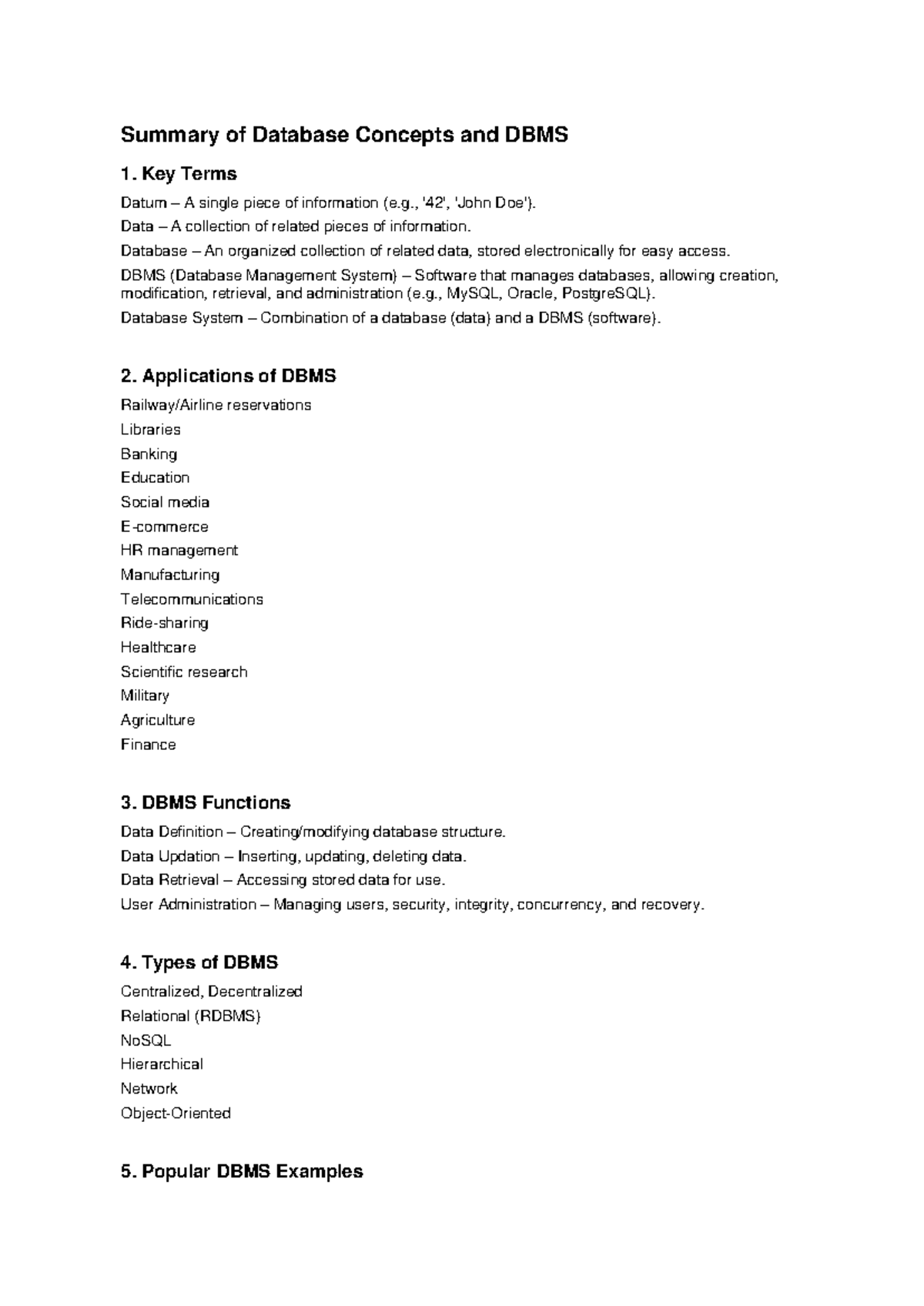 DBMS Concepts Summary - Key Terms & Applications Review - Studocu
