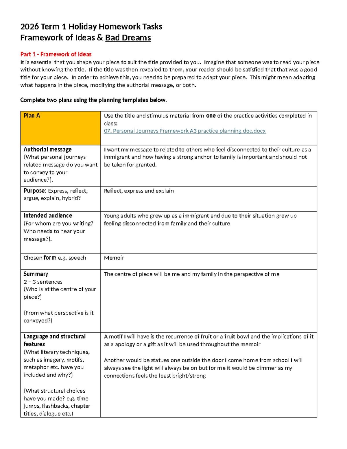 2026 Term 1 Holiday Homework: Framework for Personal Journeys - Studocu