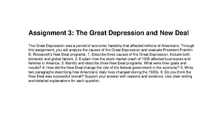 US History Assignment 3: Analyzing the Great Depression & New Deal ...