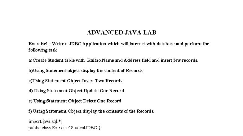 Advanced JAVA LAB (CS101) JDBC Application Exercises - Studocu