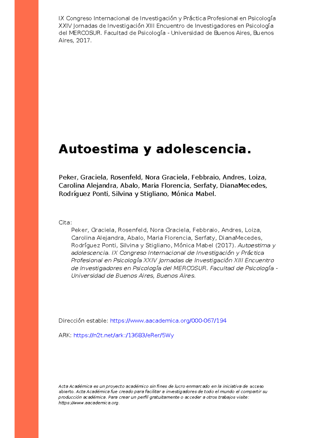 Autoestima y Adolescencia: Resultados de Investigación UBACyT 2017 ...