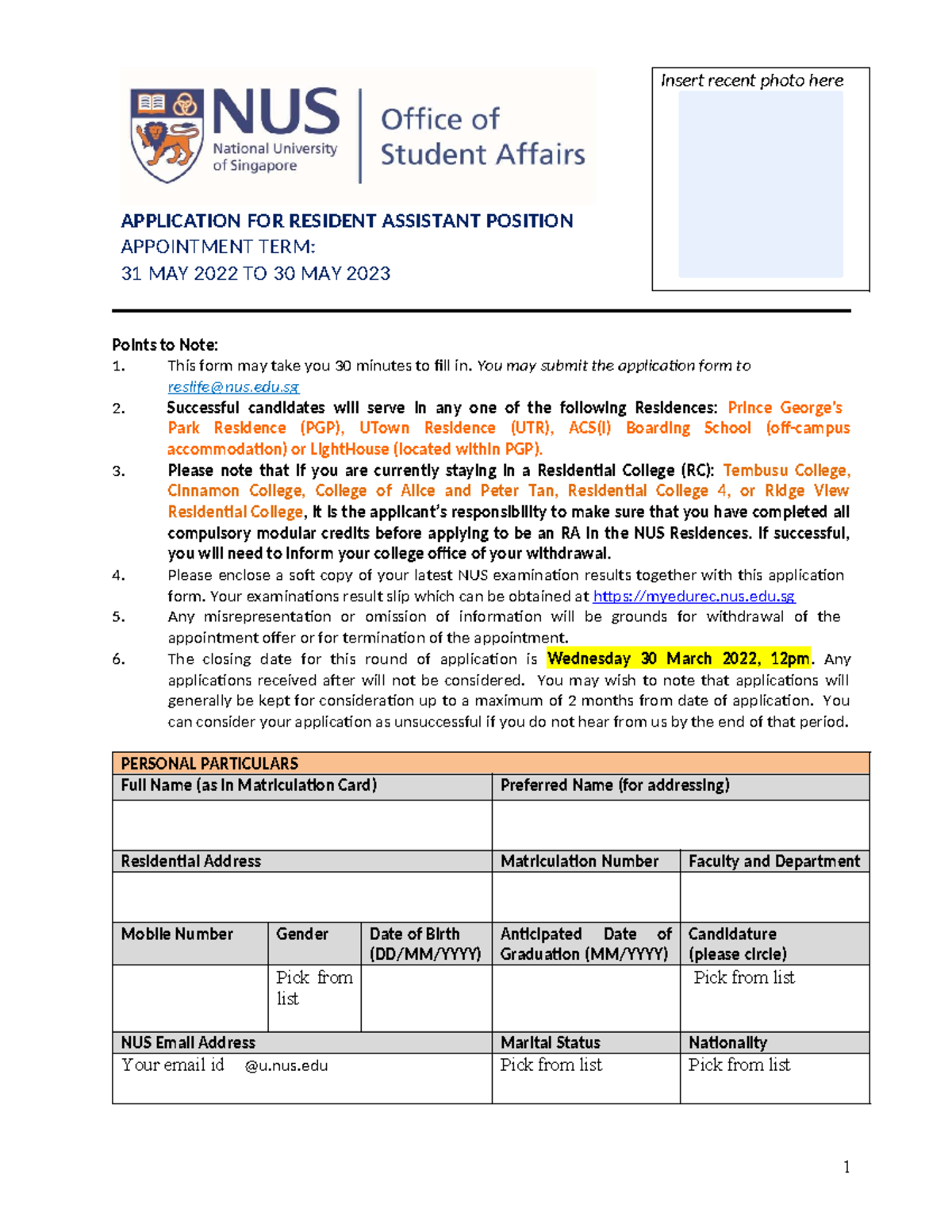 RA Application Form (AY21-22 Sem 2) for Resident Assistant Position ...