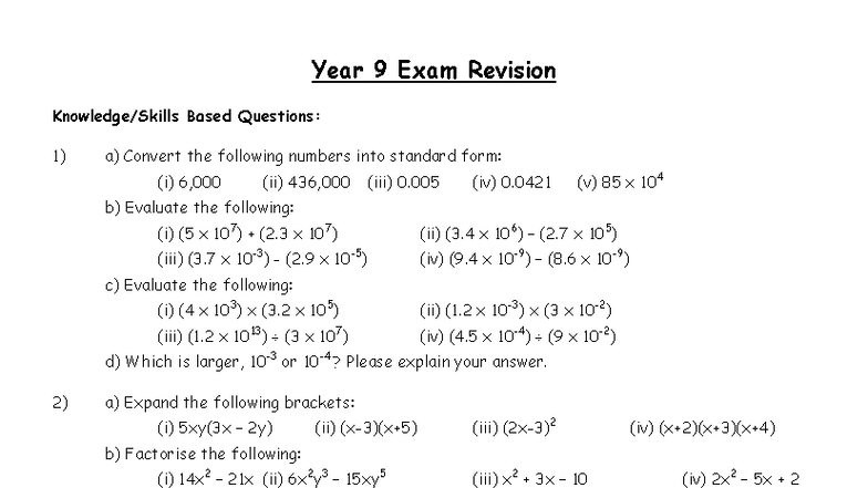 Year 9 Exam Revision Questions: Standard Form, Geometry & Probability ...