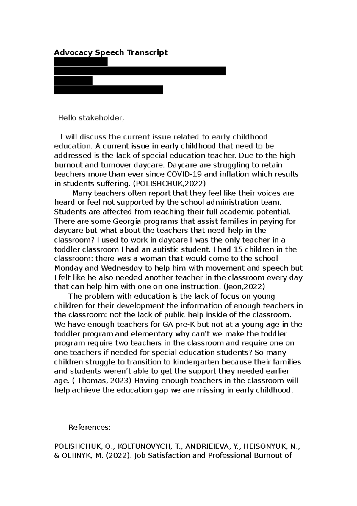 Advocacy Speech Transcript on ECE-120 Issues: Teacher Shortages - Studocu
