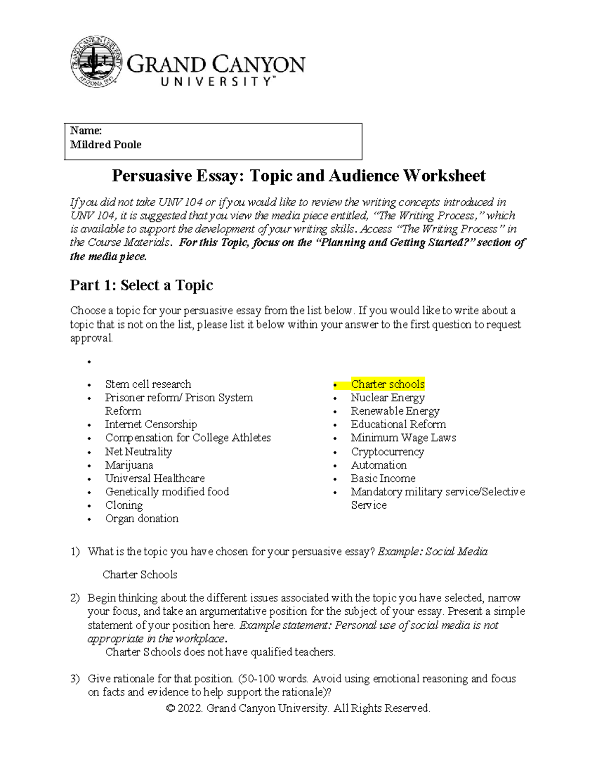 PHI 105 Persuasive Essay Topic & Audience Planning Worksheet - Studocu