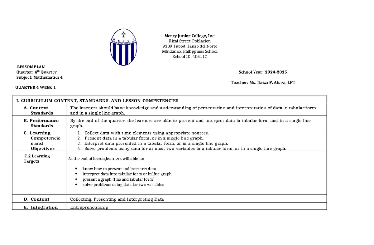 Q4 W1 - Mathematics 4 Lesson Plan: Data Presentation & Interpretation ...