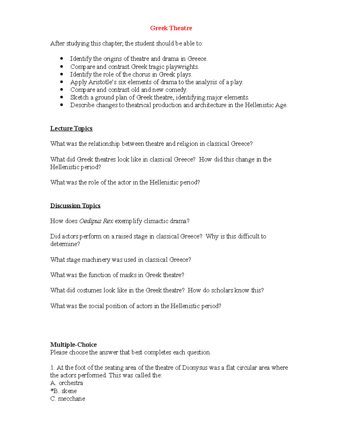 Ch01 Greek Theatre: Origins, Roles, and Elements of Greek Drama - Studocu