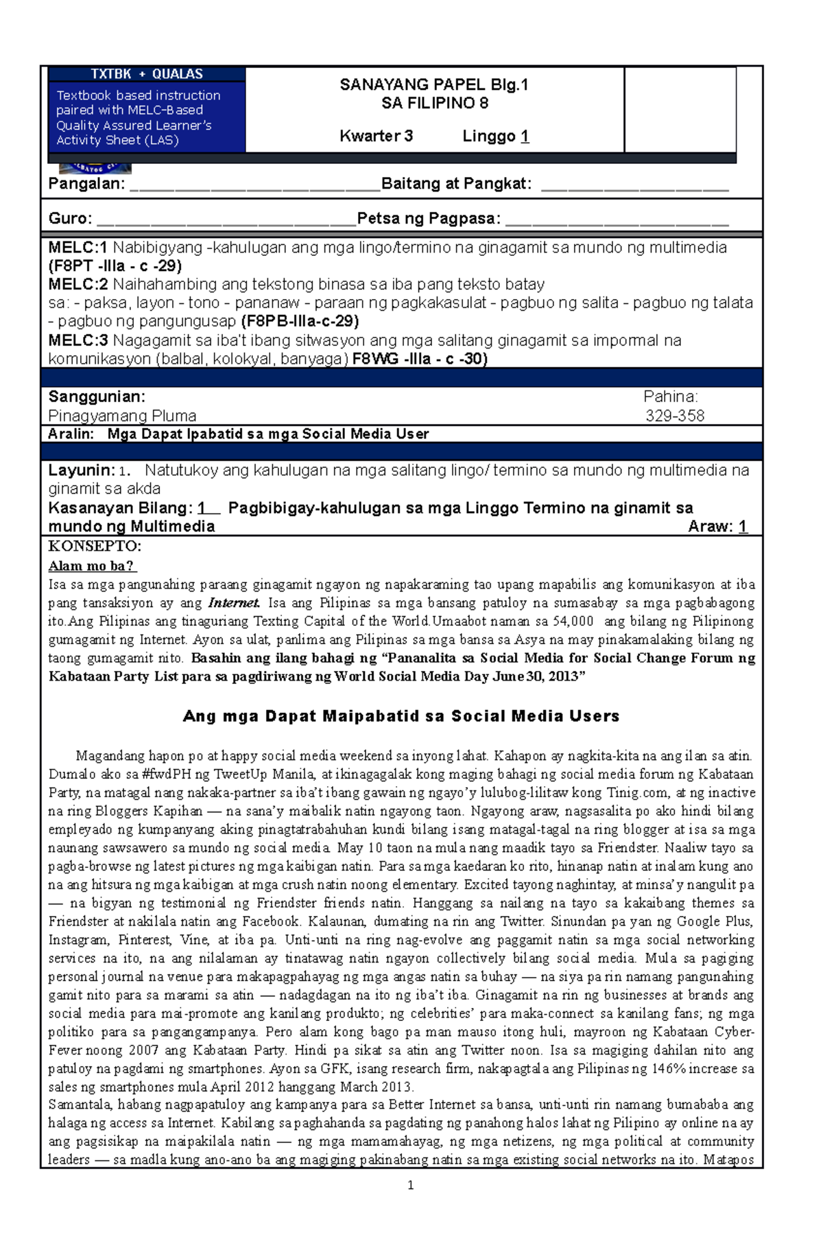LAS Q3 Filipino 8 W1 - TXTBK + QUALAS SANAYANG PAPEL Blg. SA FILIPINO 8 Kwarter 3 Linggo 1 ...