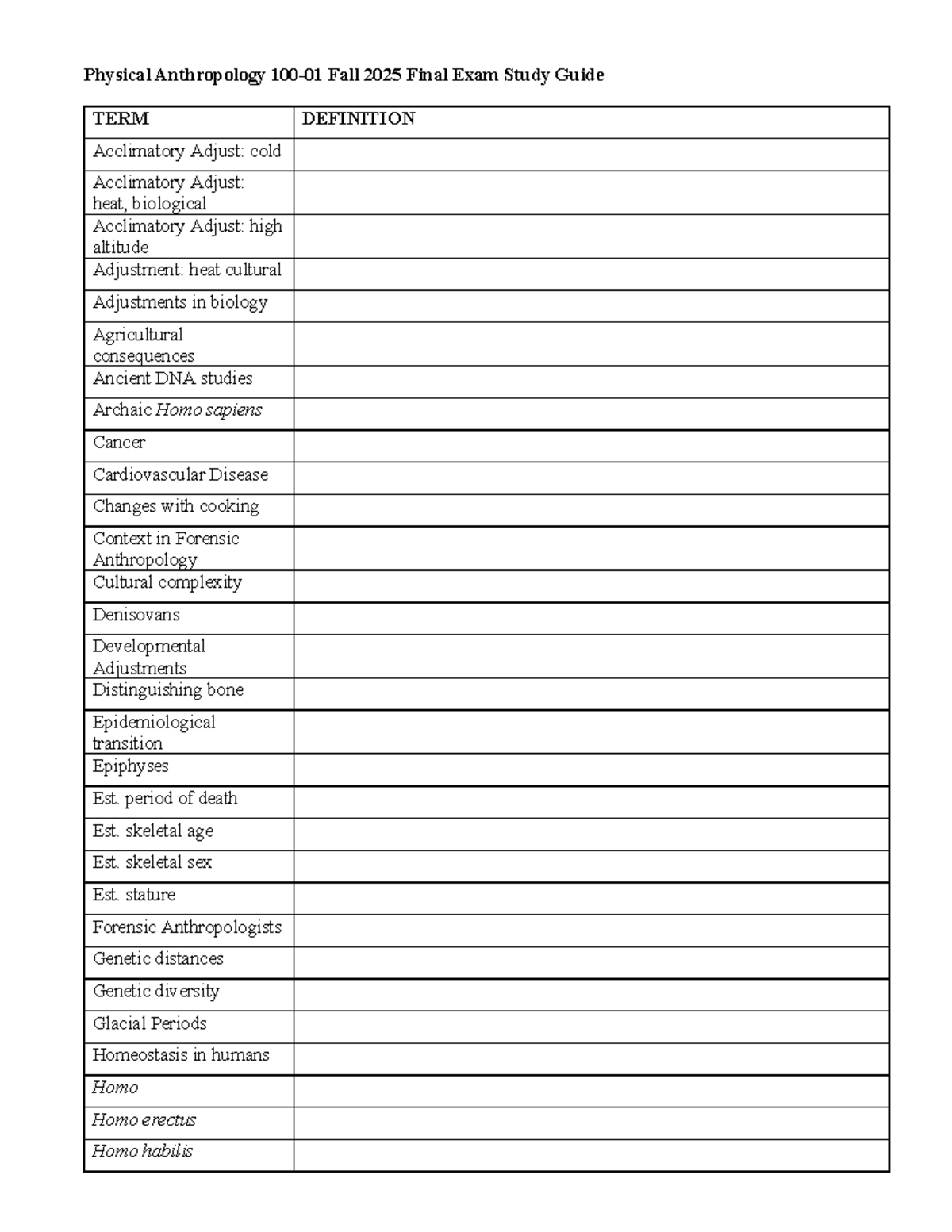Physical Anthropology Fall 2025 Final Exam Study Guide - Studocu