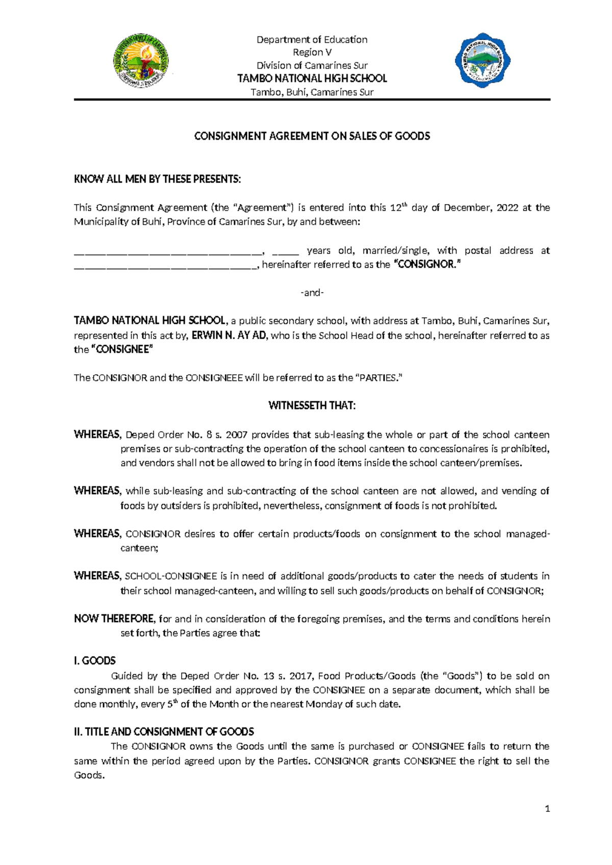 School Canteen Goods Consignment Agreement (Jan 2024) - Studocu