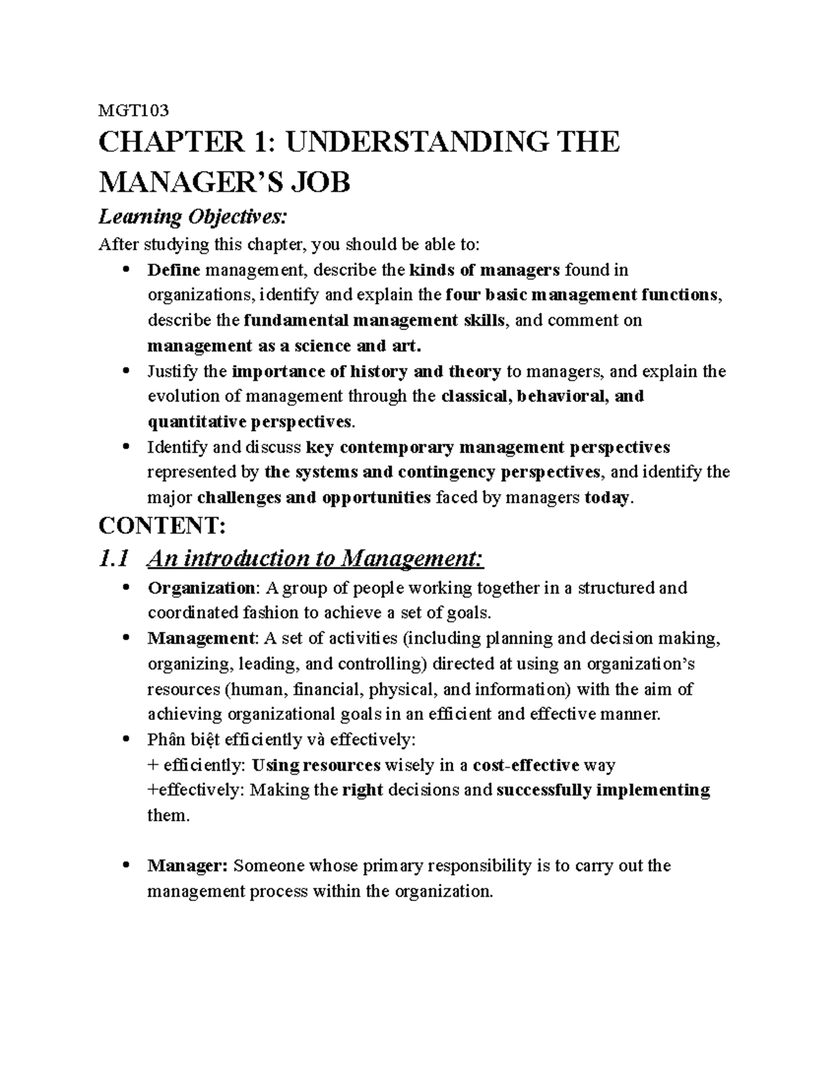 MGT Chapter 1 - Exploring the Role and Functions of Managers - Studocu