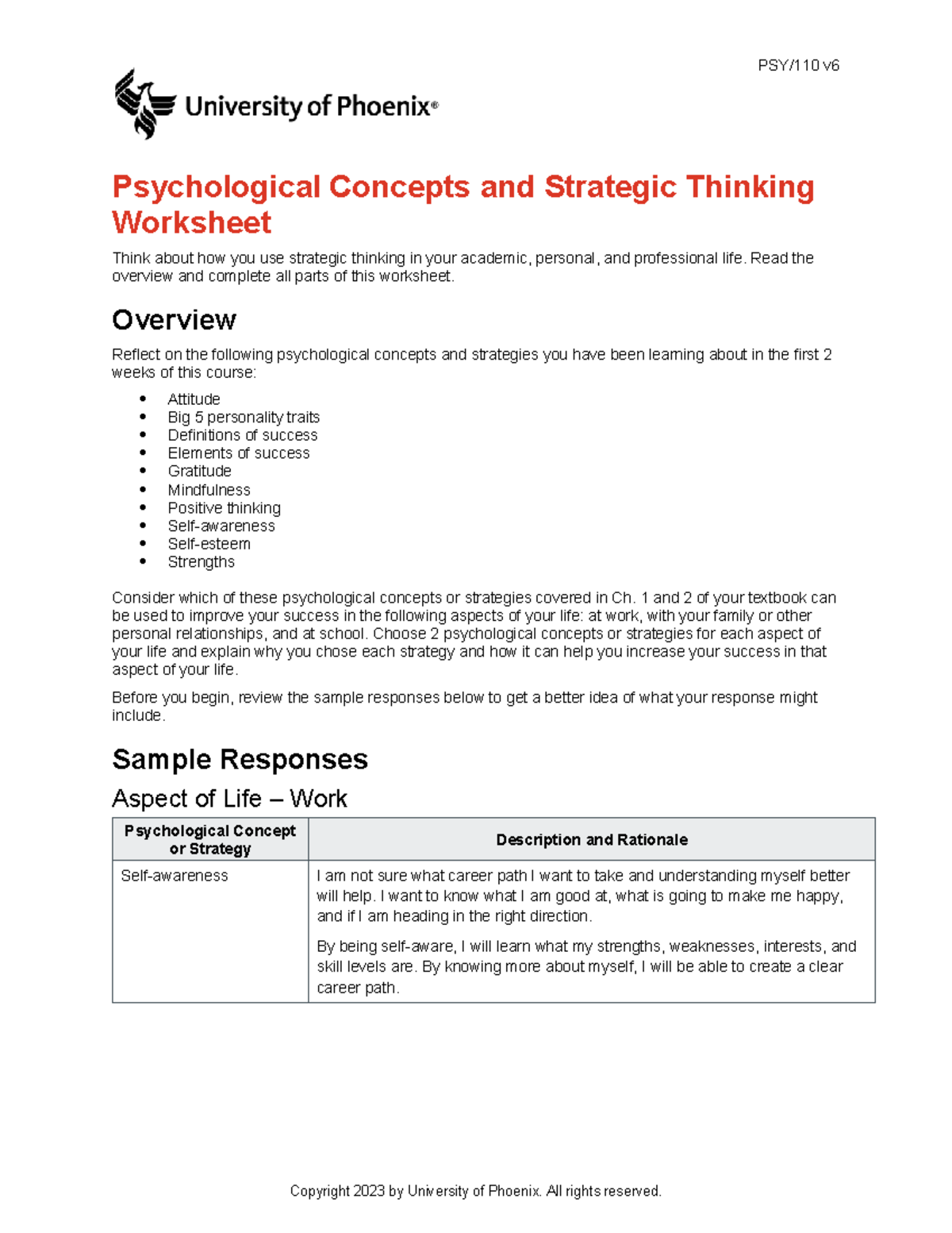 PSY/110 v Worksheet: Psychological Concepts & Strategic Thinking ...