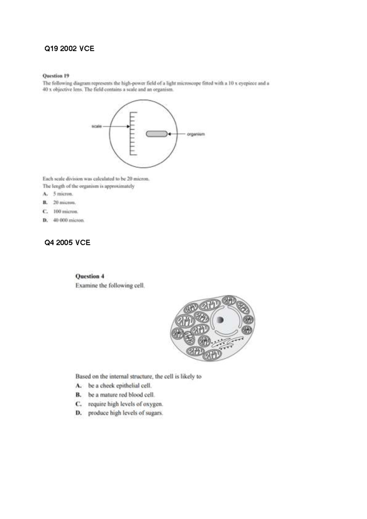 Mod 1 VCE & HSC Past Trial Questions on Cell Biology - Studocu